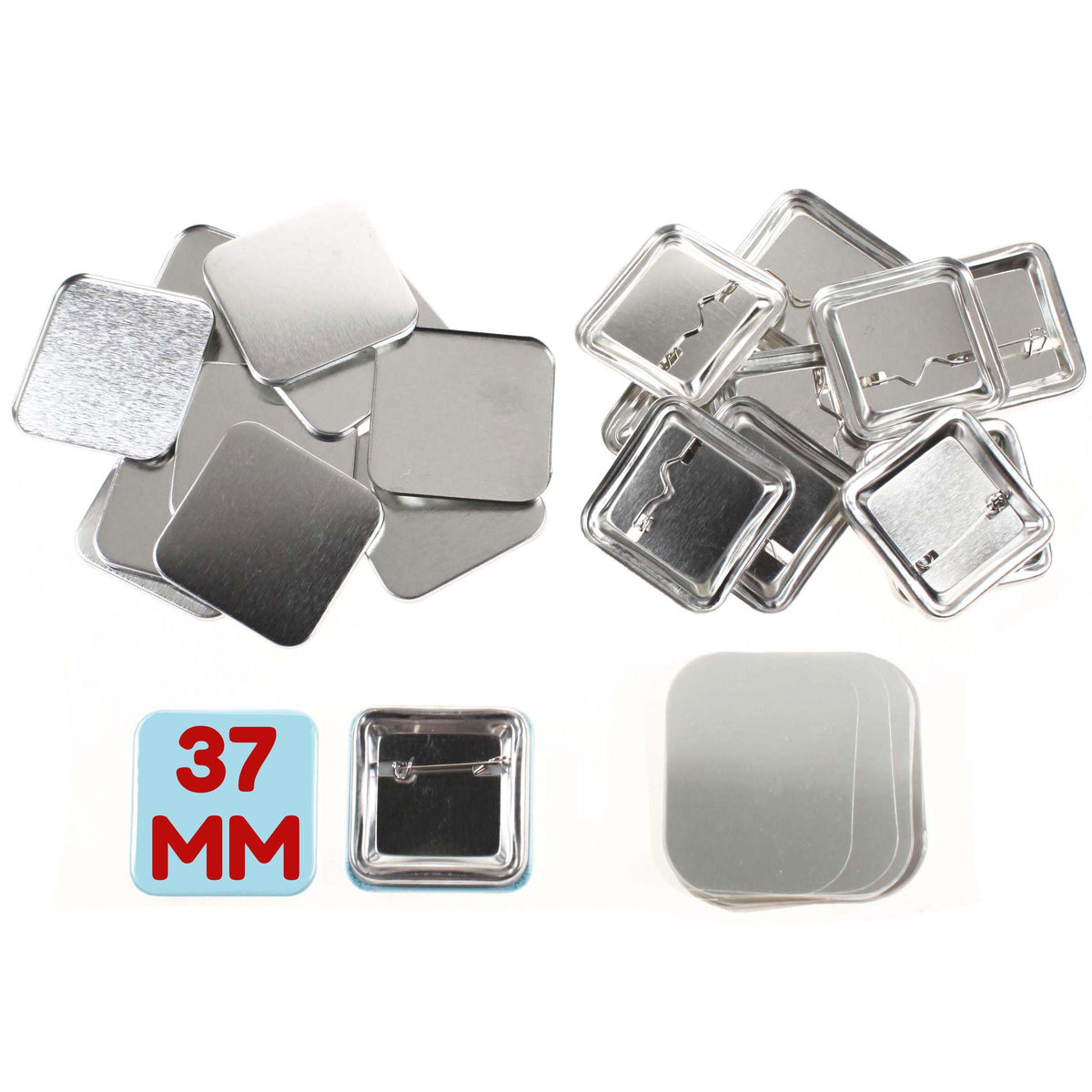 Pack of 100 Blank 37mm x 37mm Square Badge Making Components with Pin ...